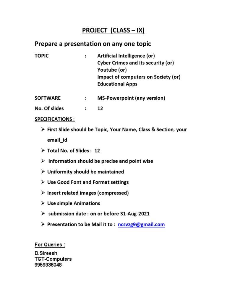 Project (Class - Ix) Prepare A Presentation On Any One Topic | PDF ...