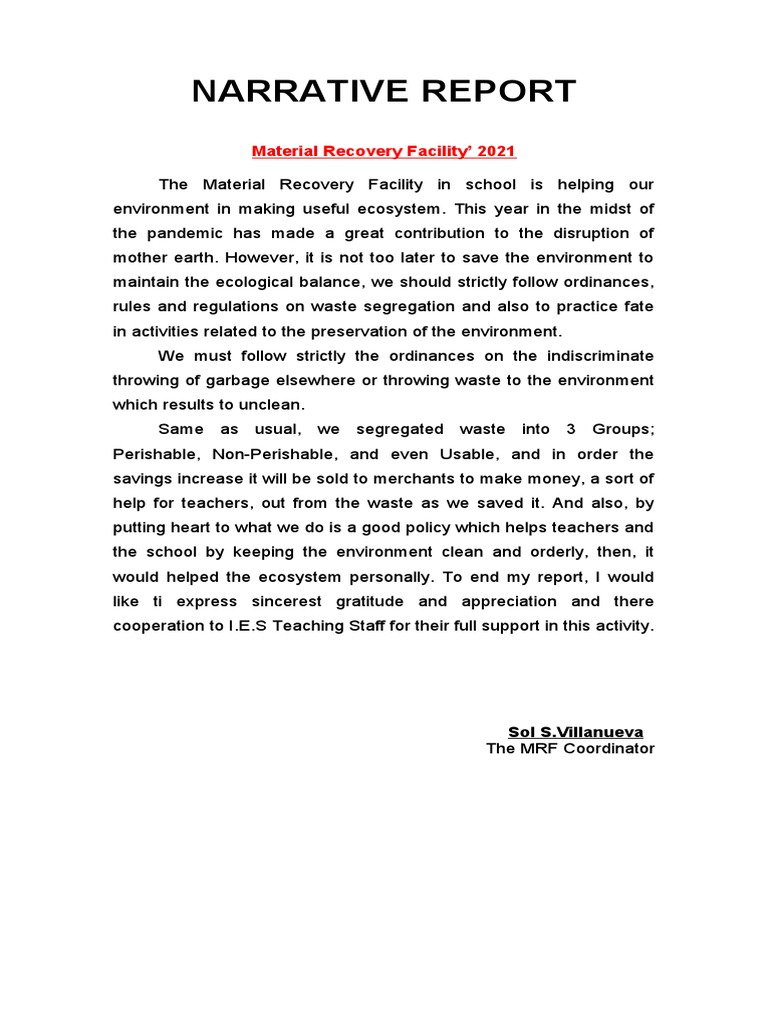 Narrative Report: Material Recovery Facility' 2021 | PDF