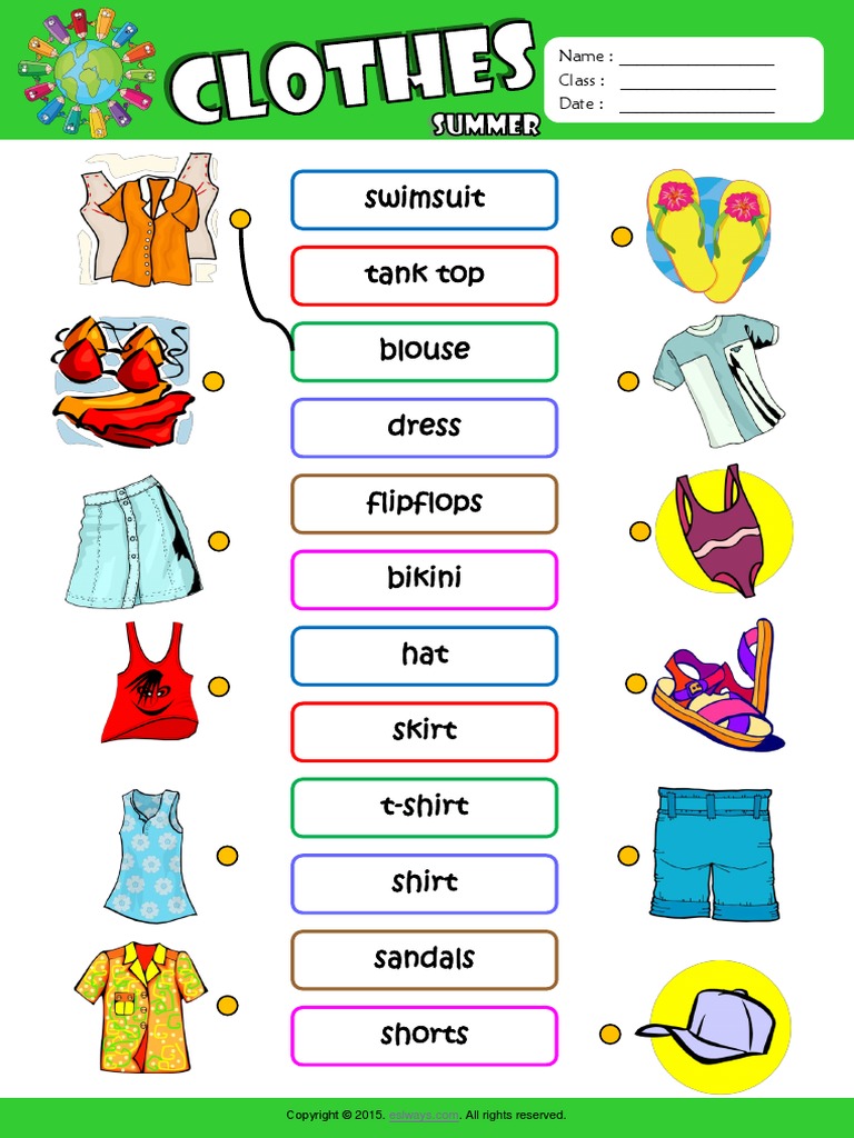 Summer Clothes Esl Vocabulary Matching Exercise Worksheet For Kids | PDF