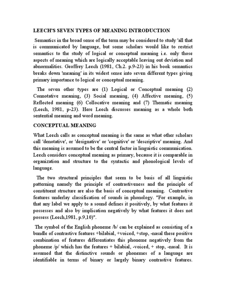 Leech'S Seven Types of Meaning Introduction | PDF | Linguistics | Phonology