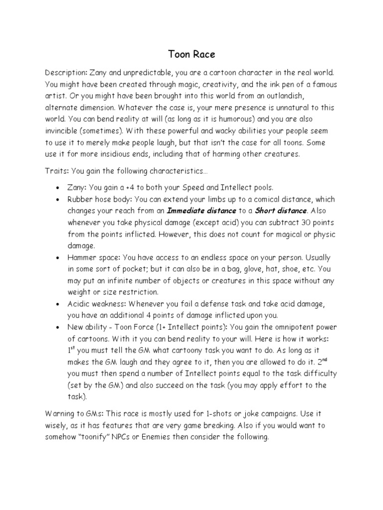 Toon Race (Cypher System) | PDF