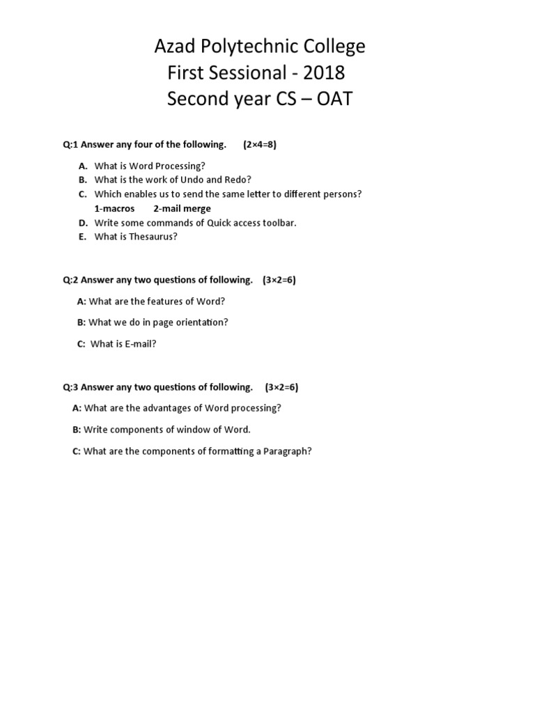 Azad Polytechnic College First Sessional - 2018 Second Year CS - OAT ...