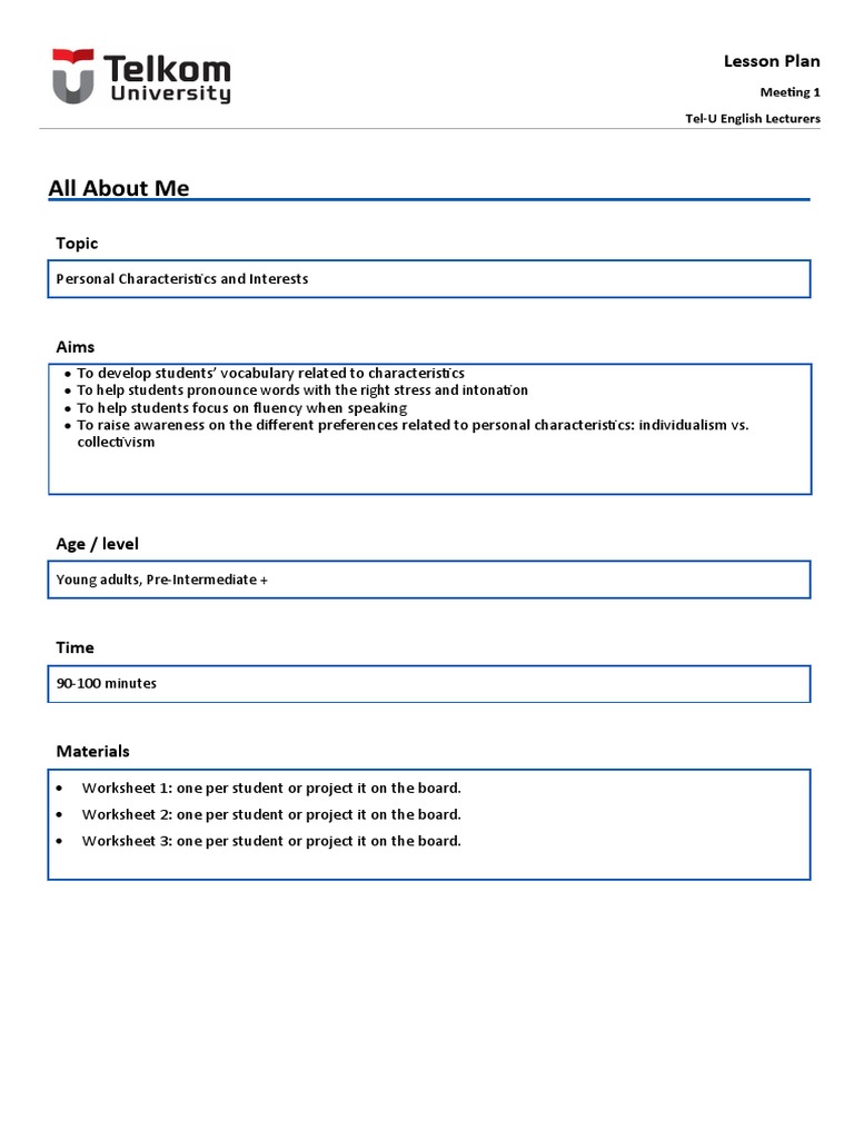 Meeting 1 - LP - All About Me | PDF | Teachers | Lesson Plan