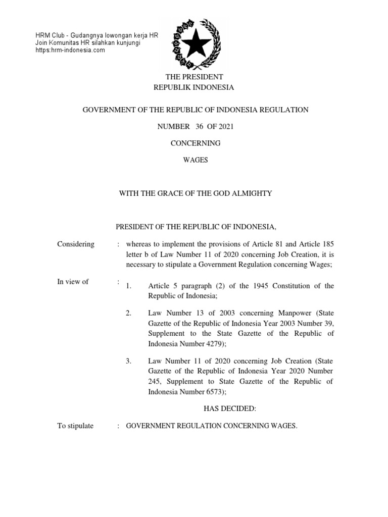 PP 36 2021 Inggris | PDF | Employment | Bankruptcy