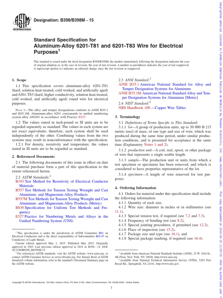 Astm B398 - B0398M-15 | PDF | Ultimate Tensile Strength | Electrical ...