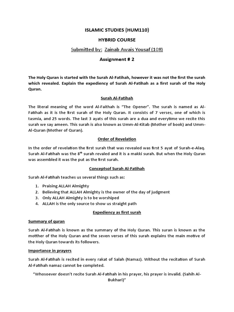 Islamic Studies Assignment 2 | PDF | Surah | Medieval Arabic Texts
