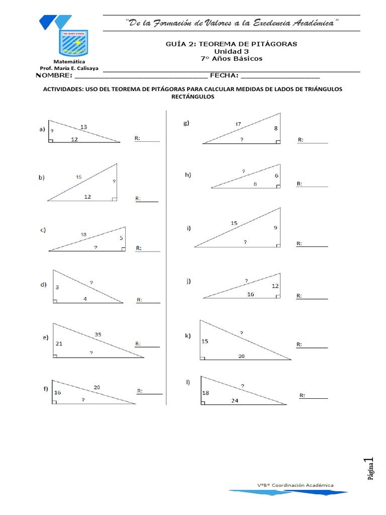 Guía 2 TEOREMA DE PITÁGORAS (7° BÁSICOS - 2021) 2S | PDF