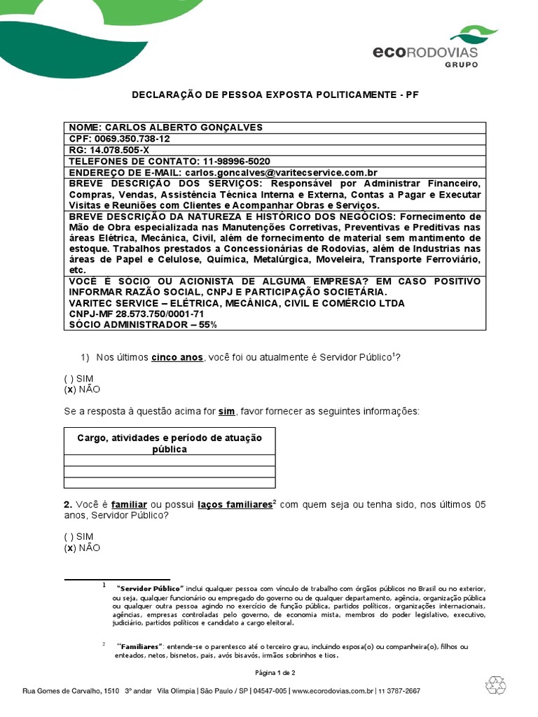 Declaração Pessoa Politicamente Exposta (PEP) - Pessoa Física | PDF ...