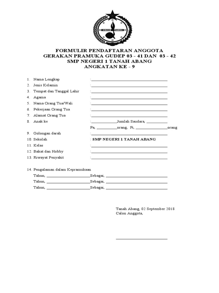 FORMULIR PENDAFTARAN ANGGOTA Pramuka | PDF