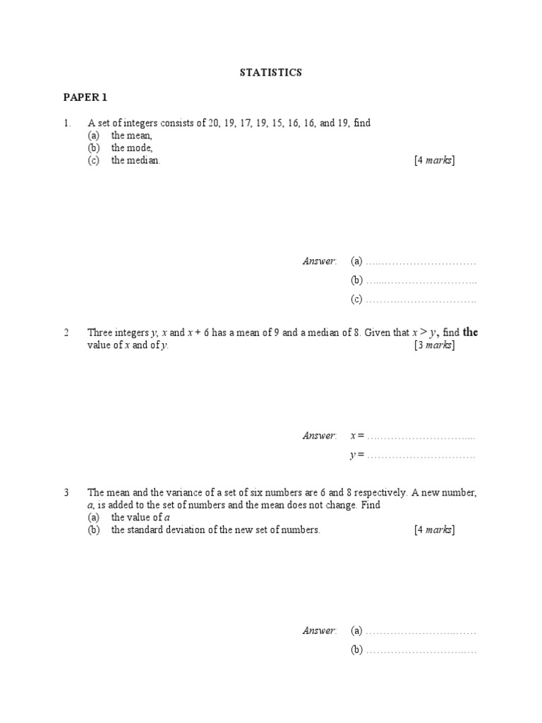 Statistics Paper 1: Answer: (A) .. | PDF | Mean | Standard Deviation