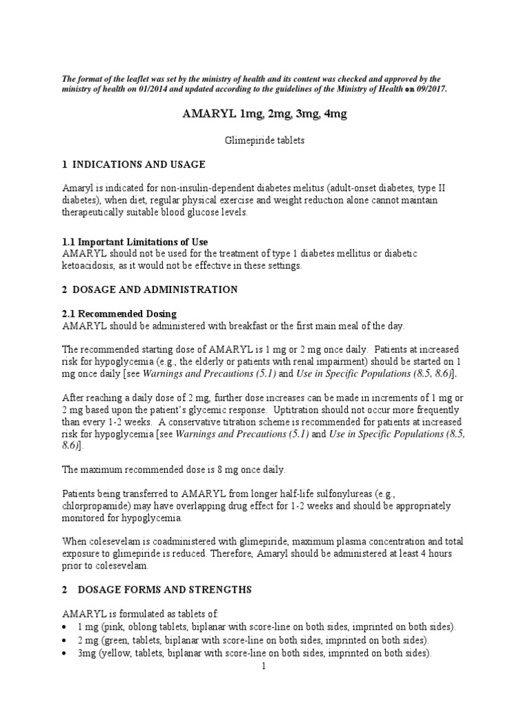 AMARYL 1mg, 2mg, 3mg, 4mg: 1 Indications and Usage | PDF | Hypoglycemia ...