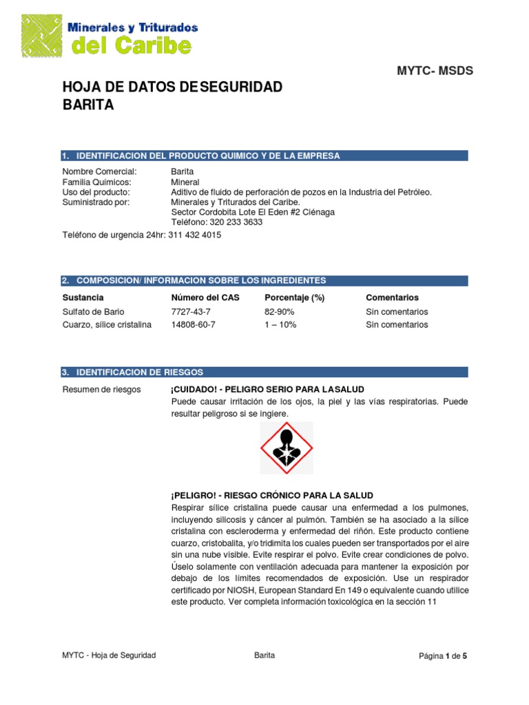 Barite 4.1 SDS | PDF | Residuos | Materiales