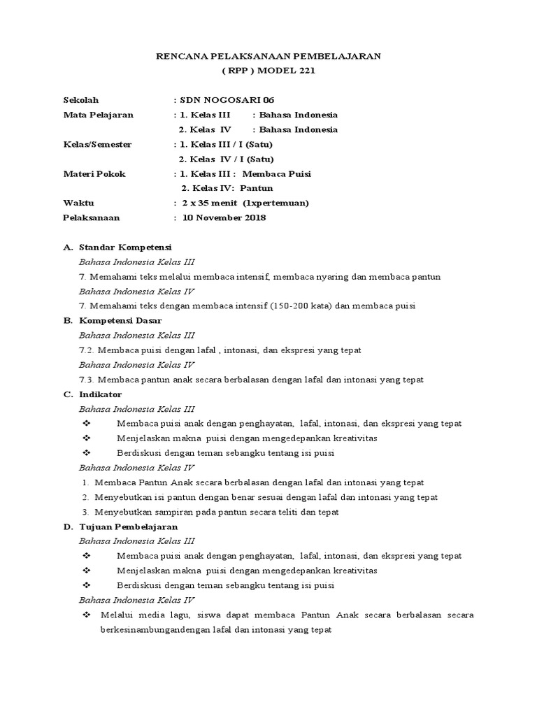 RPP KLS Rangkap 221 | PDF