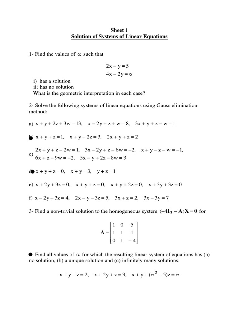 Sheet 1 Solution of Systems of Linear Equations | PDF | System Of Linear Equations | Mathematics