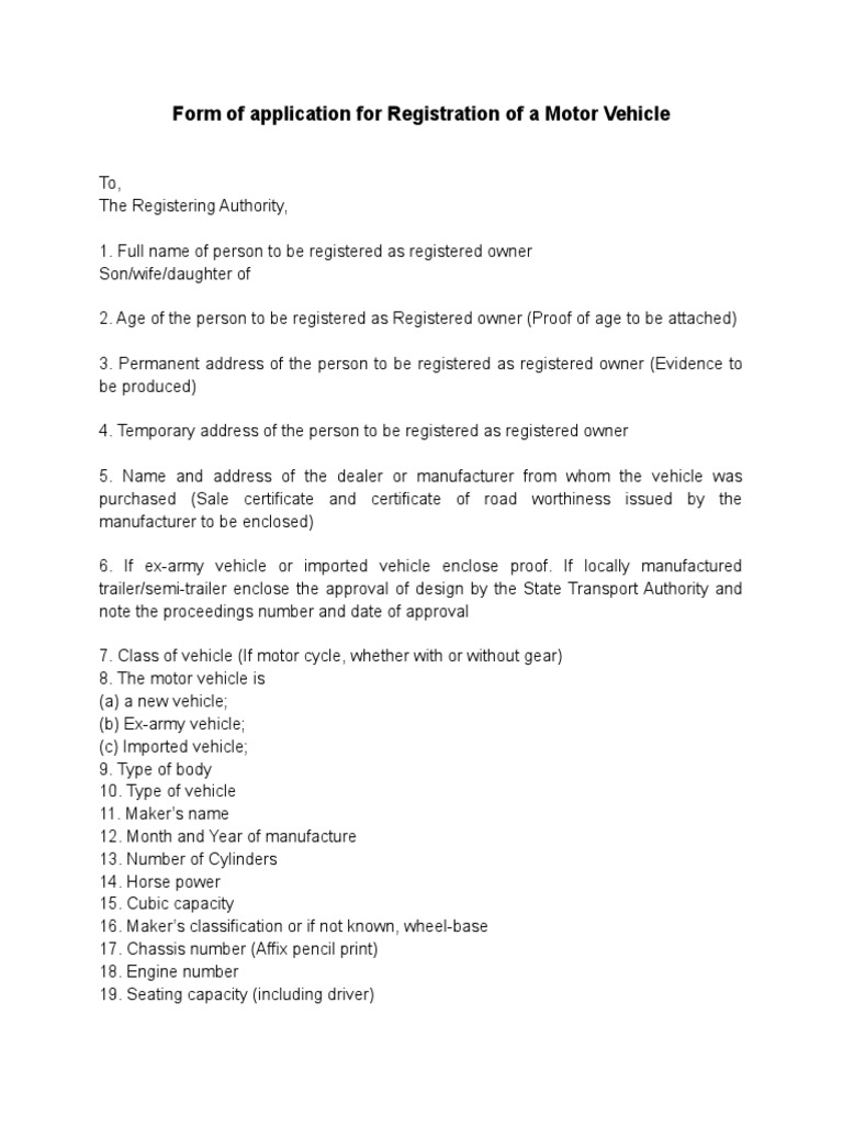 Form of Application For Registration of A Motor Vehicle | PDF | Semi ...
