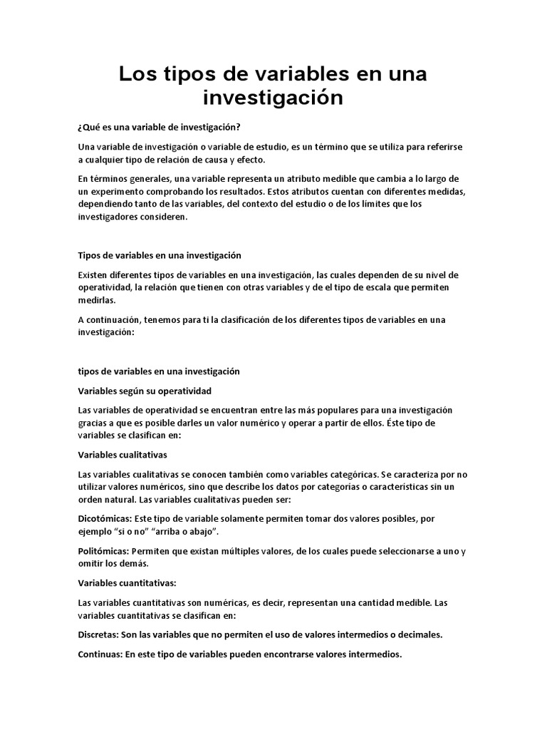 Los Tipos de Variables en Una Investigación | PDF | Método científico ...