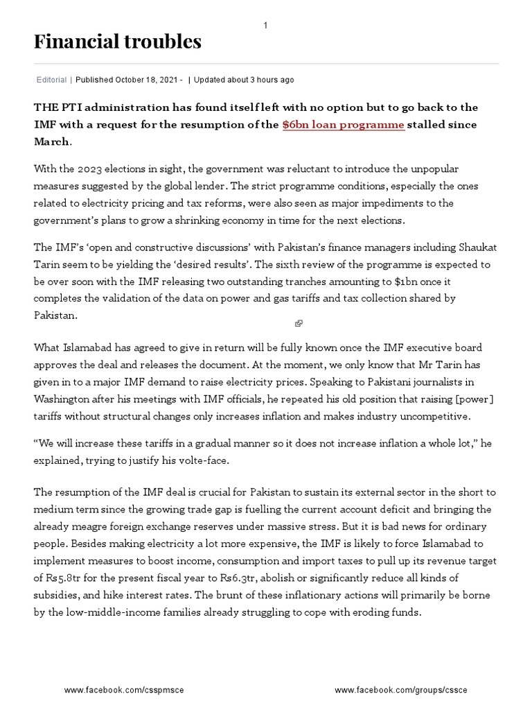 Pakistan's IMF Loan Resumption Challenges | PDF | International ...