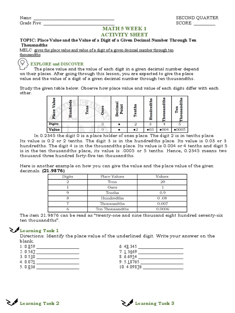 MATH Activity Sheet Q2 W 1 | PDF | Numbers | Mathematics
