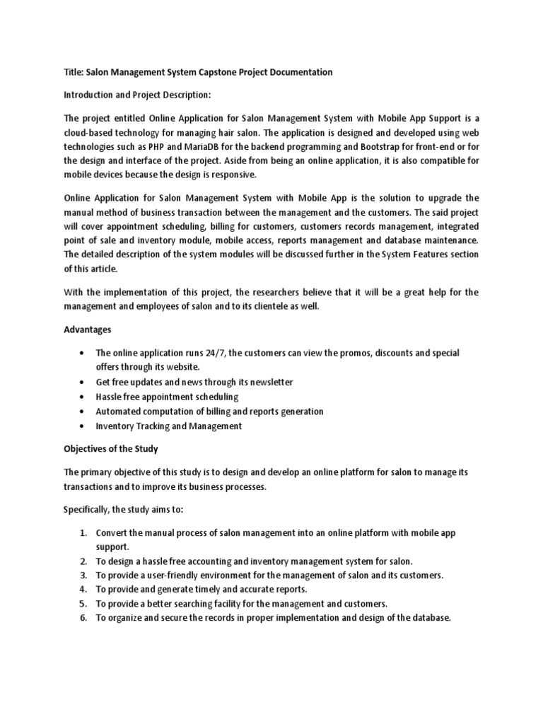 Salon Management System Capstone Project Documentation | PDF | Mobile App | Web Application