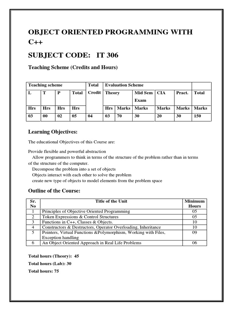 IT306 - Object Oriented Programming With C++ | PDF | C++ | Programming