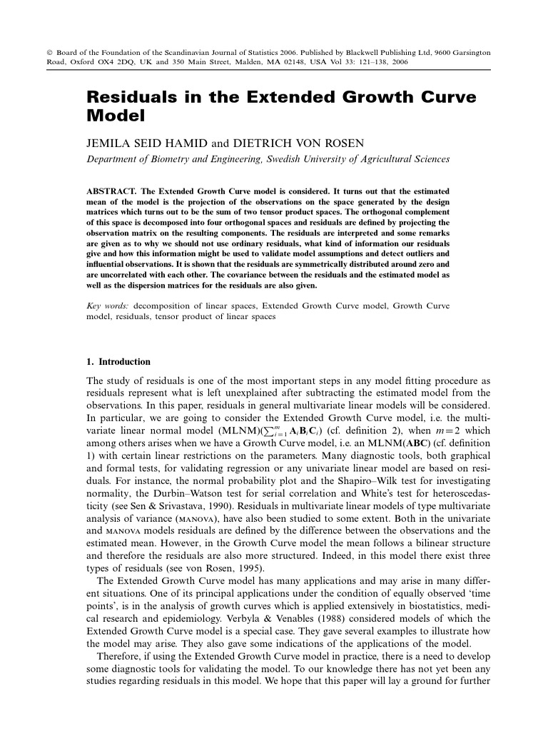 Residuals in The Extended Growth Curve Model | PDF | Matrix (Mathematics) | Errors And Residuals