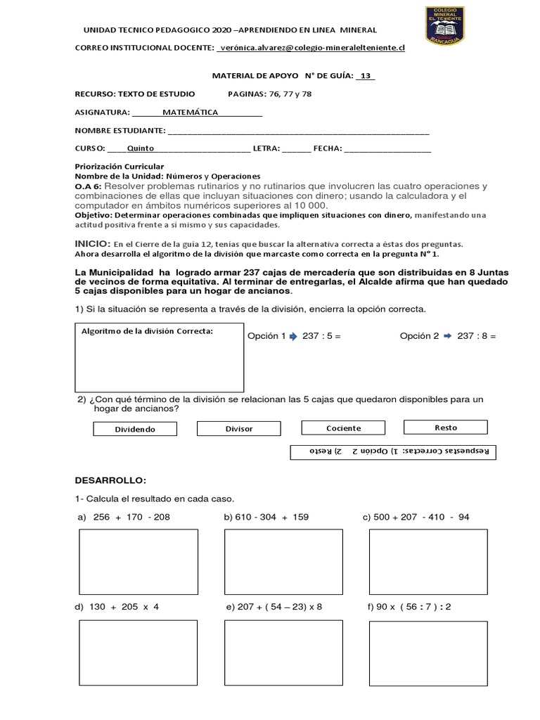 5° Básico - Resolución de Problemas | PDF | División (Matemáticas ...