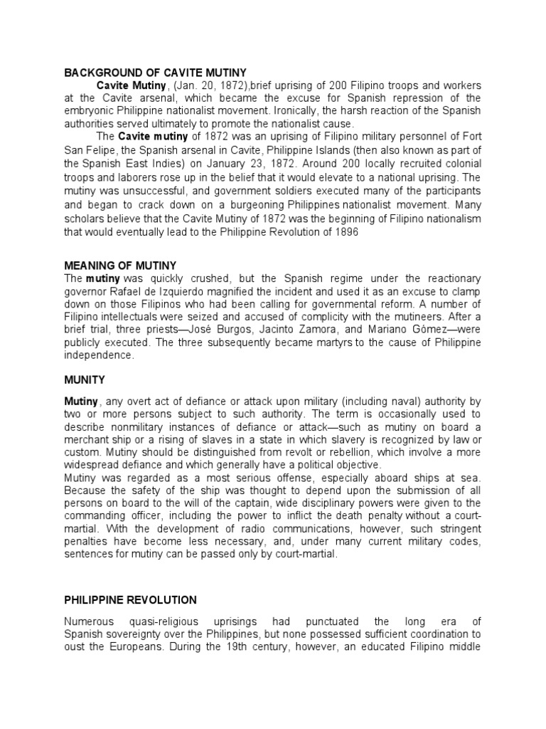Background of Cavite Mutiny Cavite Mutiny, (Jan. 20, 1872), Brief ...