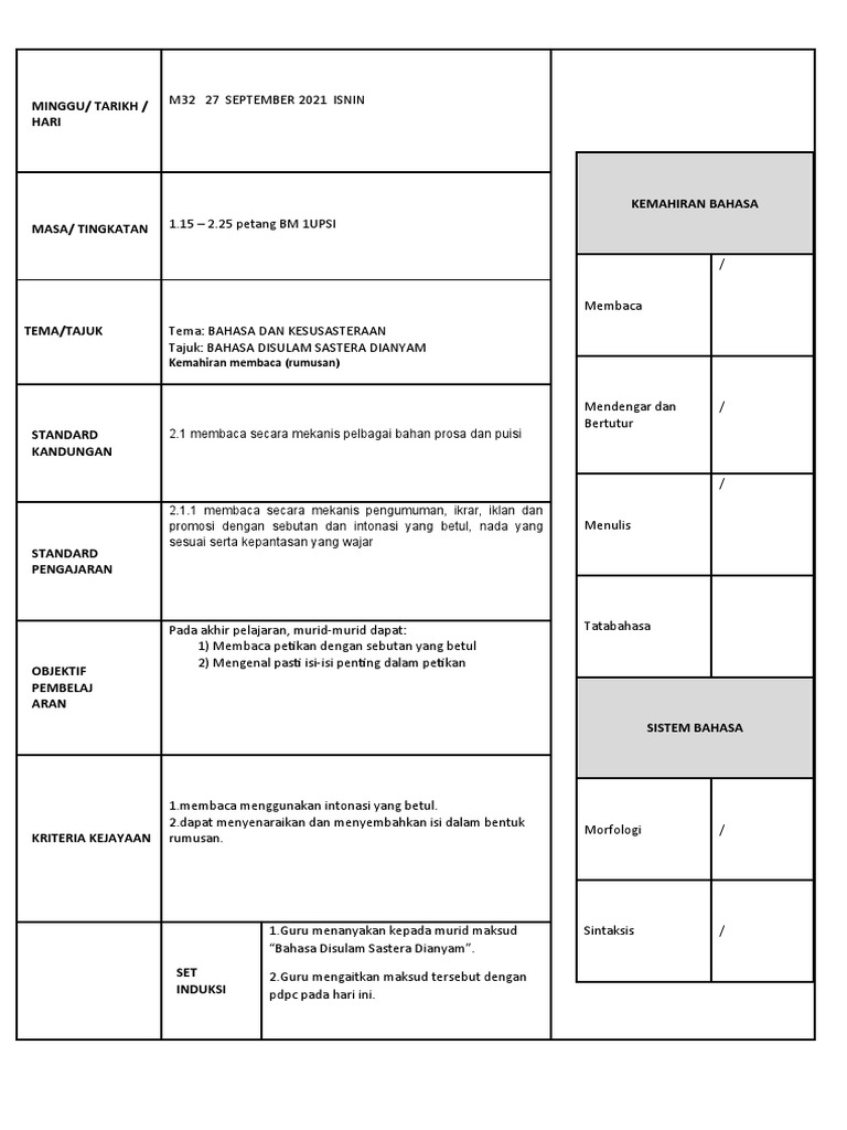 RPH Tingkatan 1 Upsi 27.09.2021 | PDF