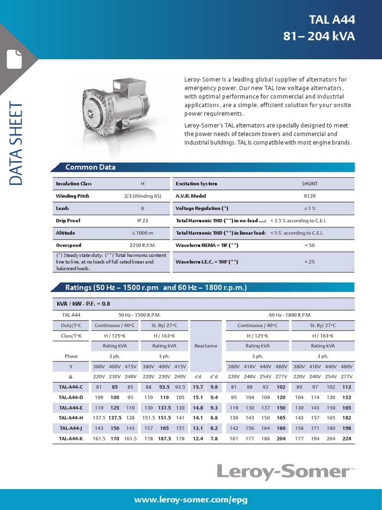 Tal A44 81 - 204 kVA: Common Data | PDF | Electromagnetism | Electric Power