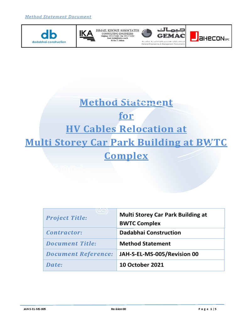 Method Statement For HV Cables Relocation at Multi Storey Car Park ...