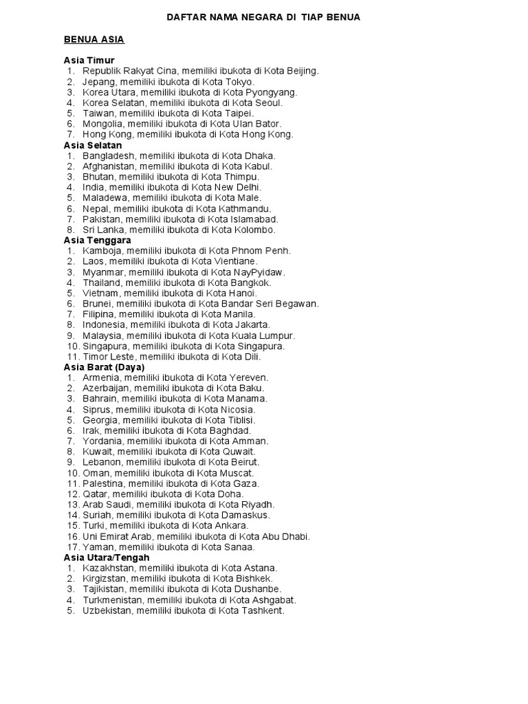 Daftar Nama Negara Di Tiap Benua | PDF