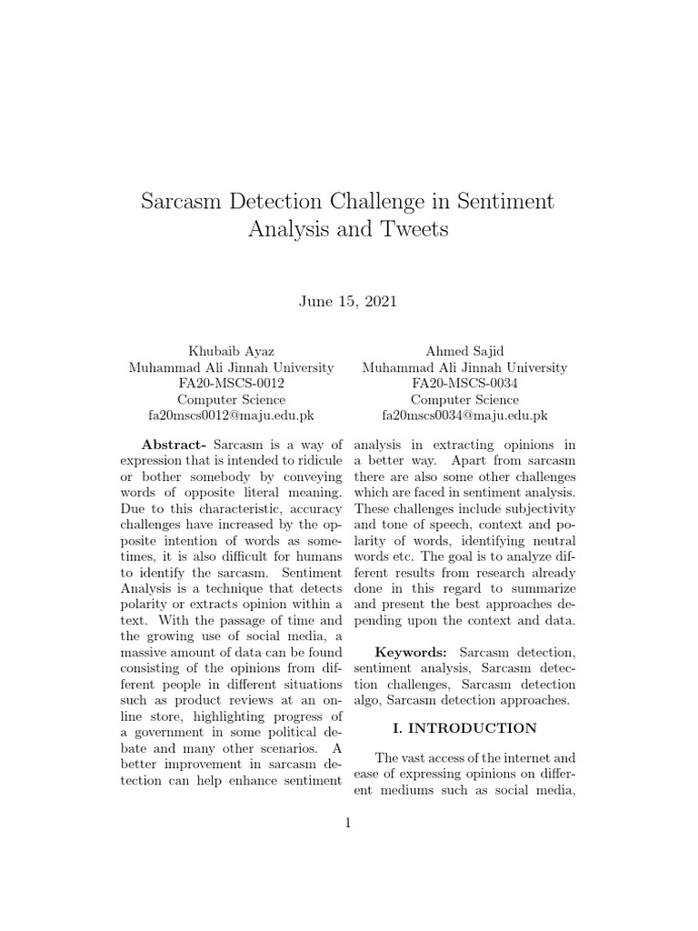 Sarcasm Detection Challenge in Sentiment Analysis and Tweets | PDF | Cognition | Cognitive Science