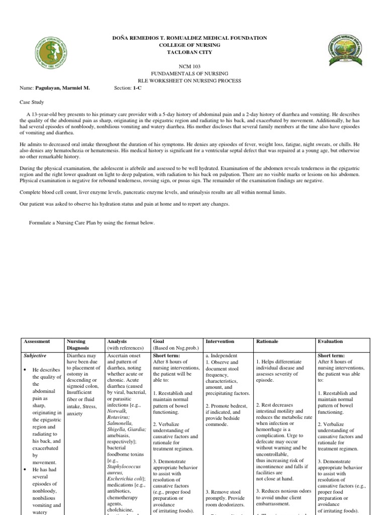 Rle Worksheet Nursing Process | PDF | Diarrhea | Epidemiology