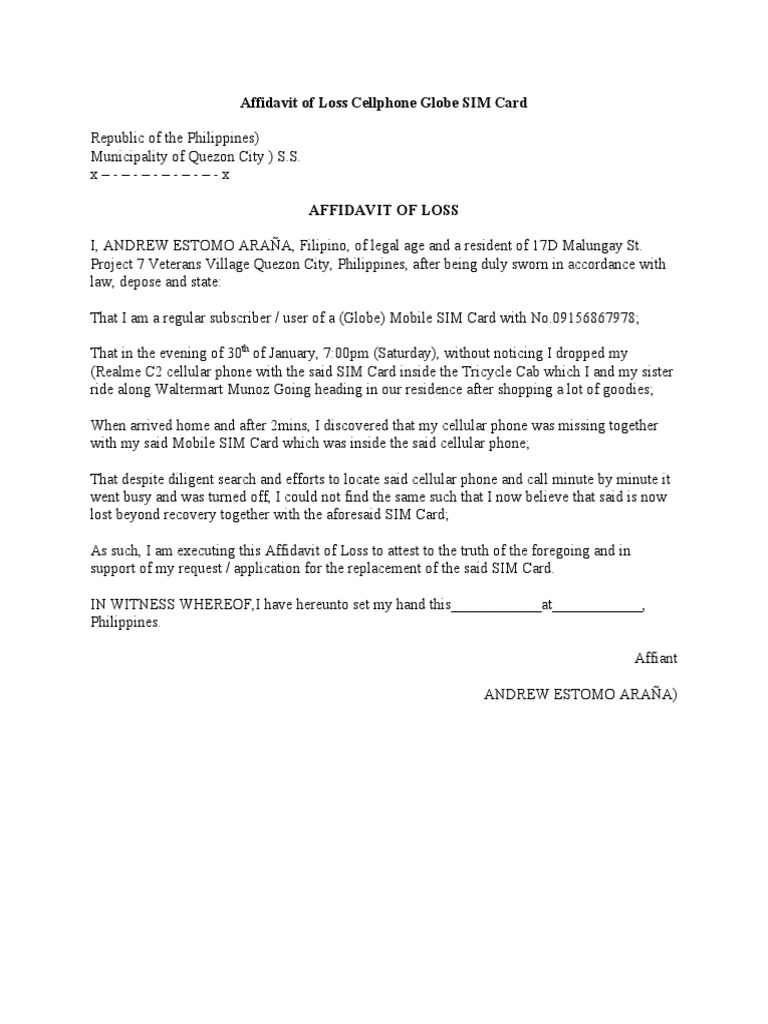 Affidavit of Loss Cellphone Globe SIM Card | PDF