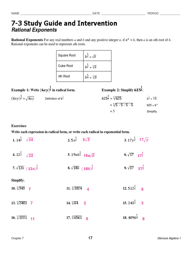 7-3 Study Guide and Intervention: Rational Exponents | PDF ...