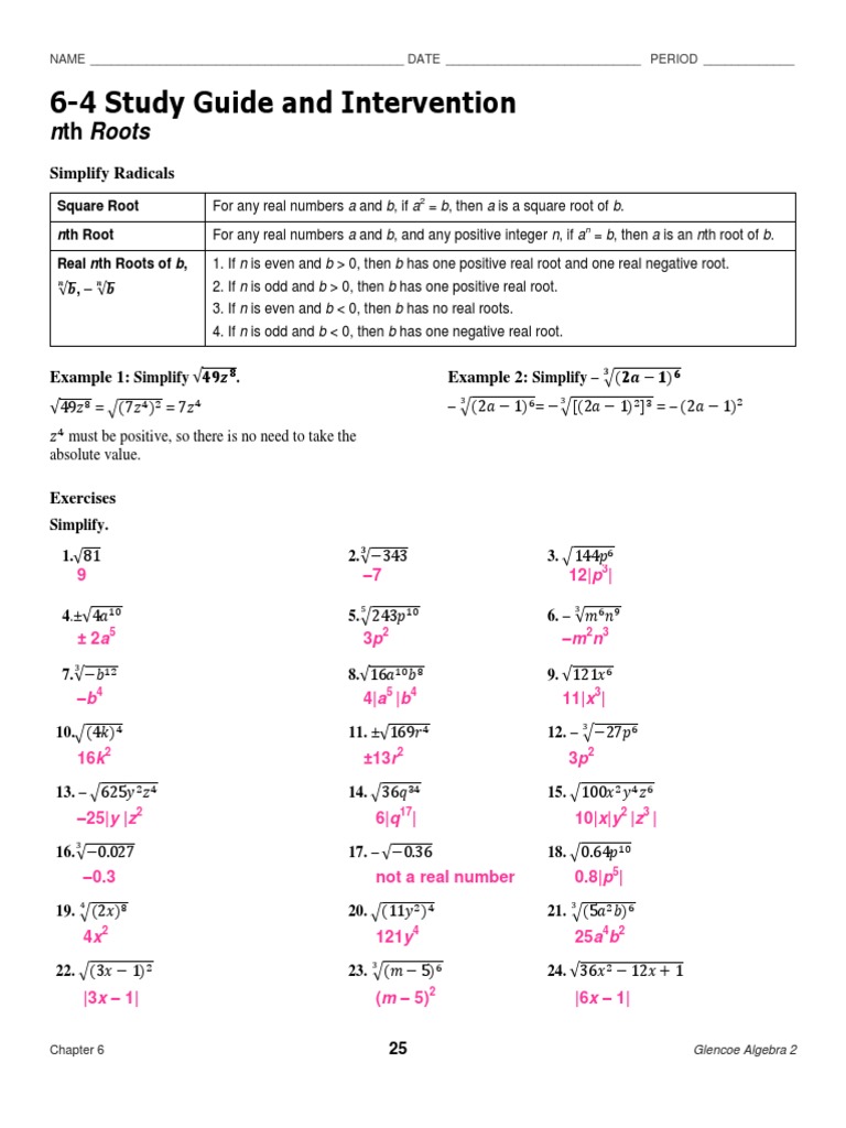 6-4 Study Guide and Intervention: NTH Roots | PDF | Square Root | Numbers