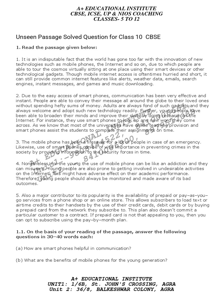 Unseen Passage Solved Question For Class 10-A+ | PDF | Venom | Snake