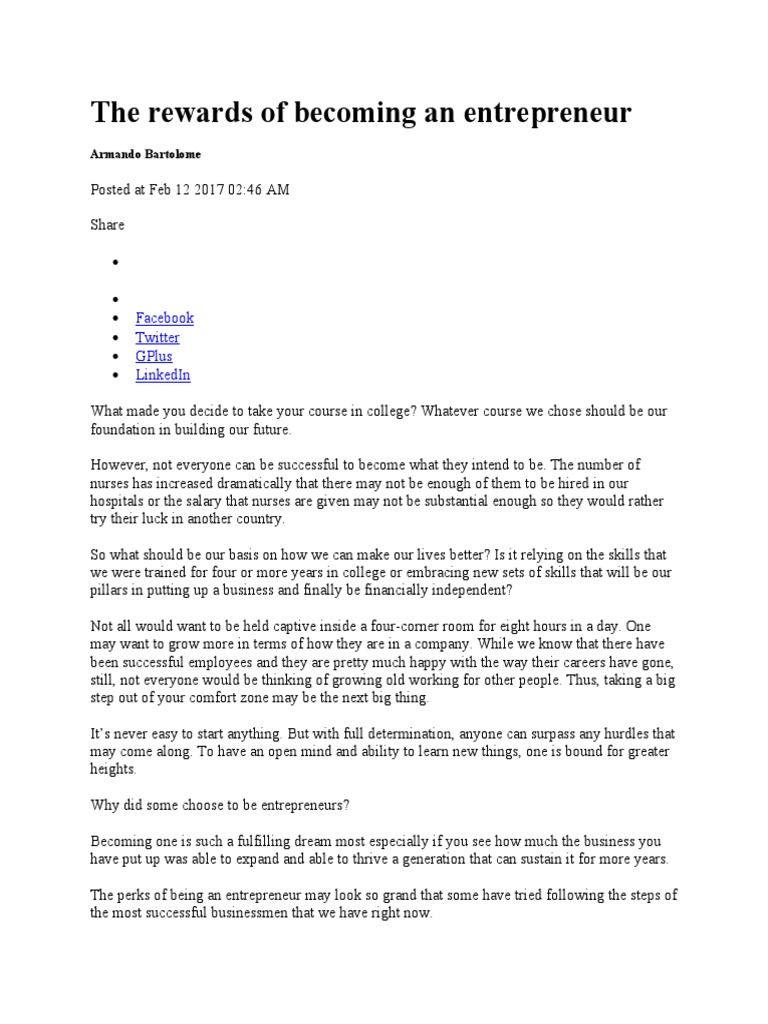 The Rewards of Becoming An Entrepreneur | PDF | Entrepreneurship ...