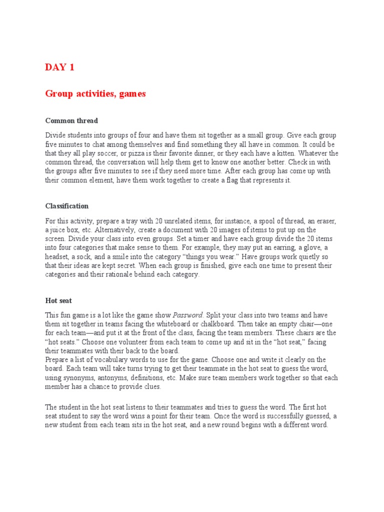 Day 1 Group Activities, Games: Common Thread | PDF