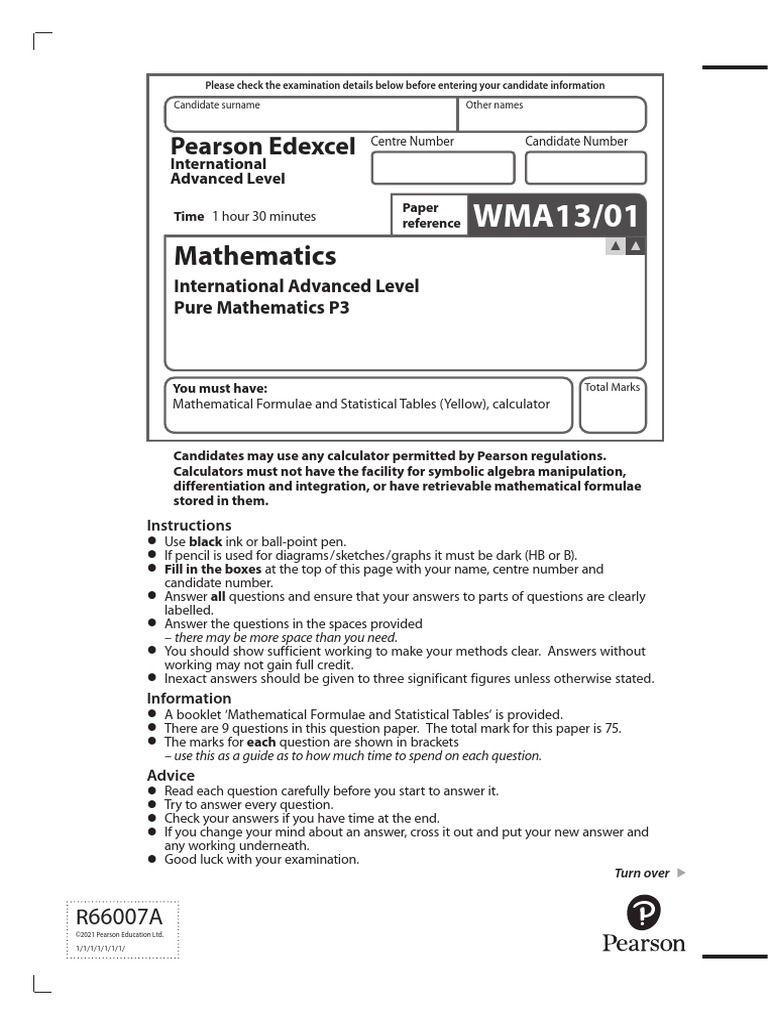 WMA13-01 Jun2021-QP Unseen | PDF | Equations | Trigonometric Functions