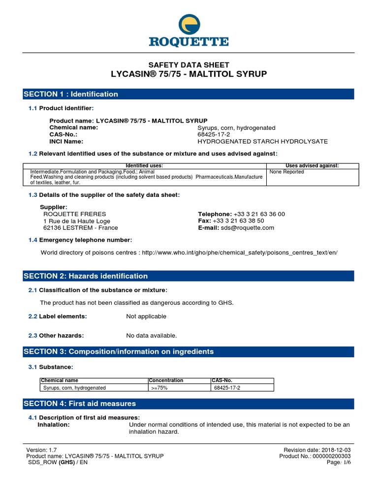 Roquette Sds Rec Lycasin-75-75 000000200303 en | PDF | Firefighting ...