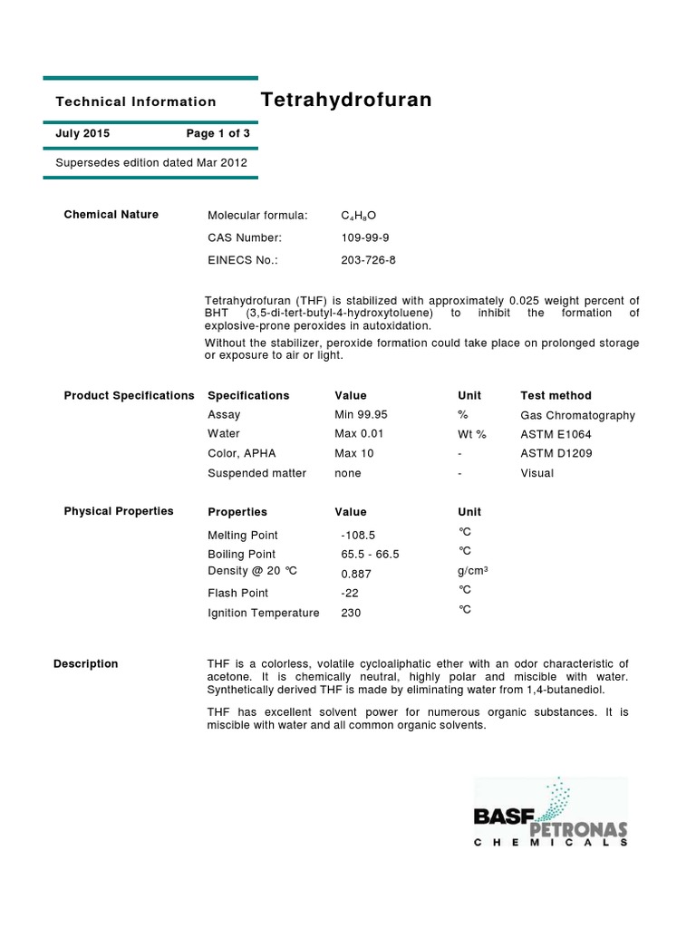 Tetrahydrofuran: Technical Information | PDF | Tetrahydrofuran | Solvent