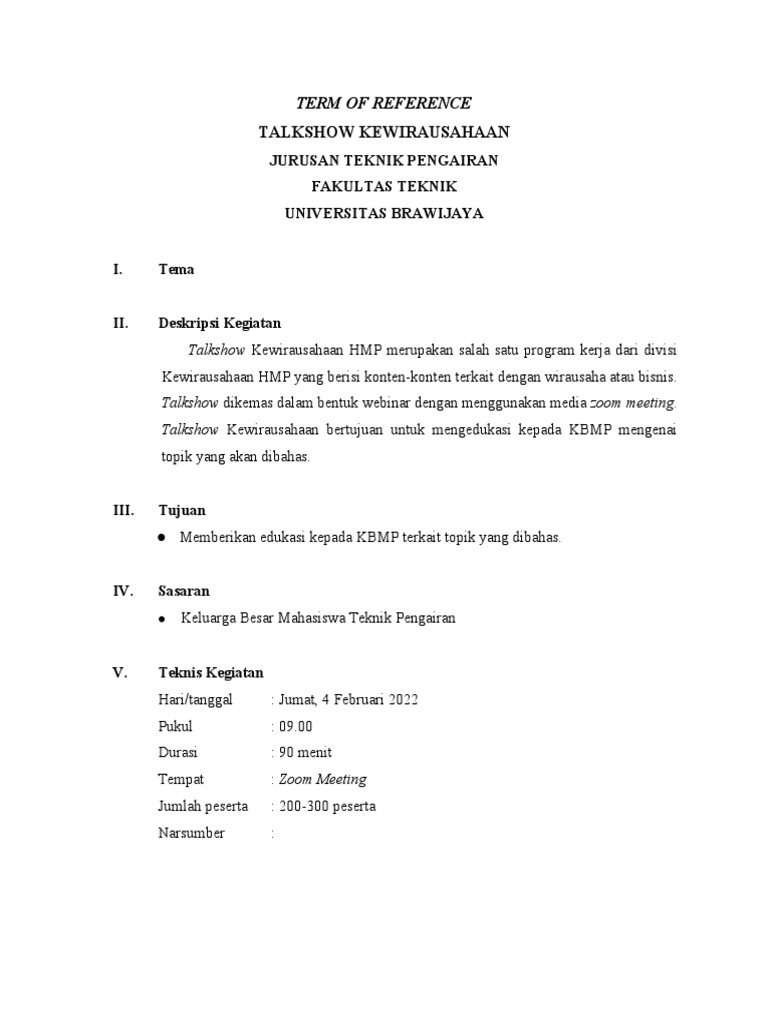 TOR Talkshow Kewirausahaan HMP FT-UB | PDF | Seni