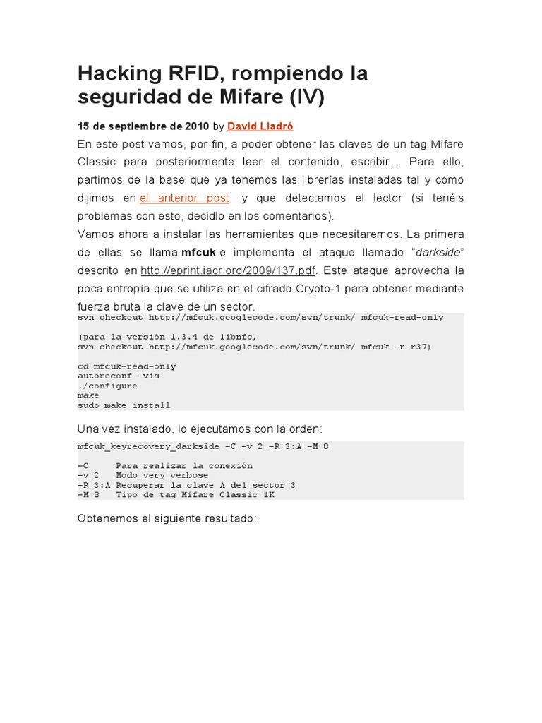 Hacking RFID, Rompiendo La Seguridad de Mifare (IV) | PDF ...