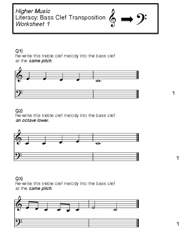 Literacy: Bass Clef Transposition Worksheet 1: Higher Music | PDF ...
