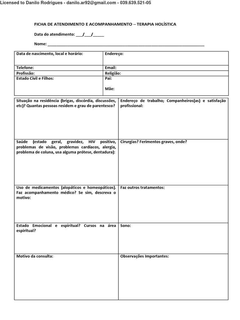 Ficha de Atendimento Anamnese Terapia Holística Reiki | PDF