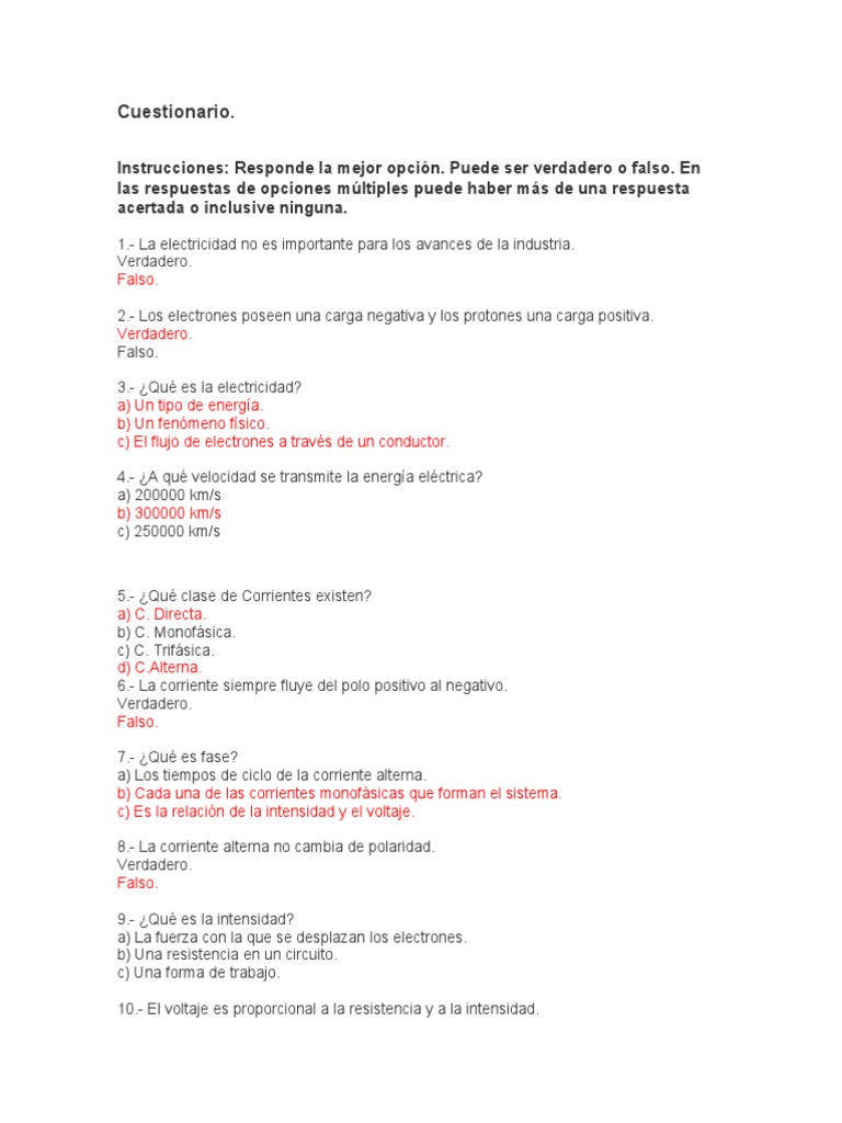 Cuestionario de Electricidad | PDF | Energia electrica | Corriente ...