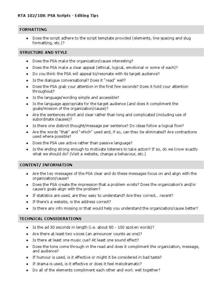 PSA Script Editing Guidelines | PDF | Career & Growth