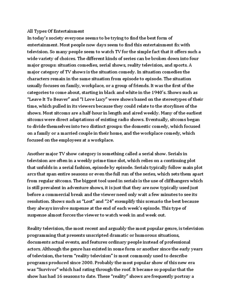Overview of Entertainment Types | PDF | Reality Television | Online ...