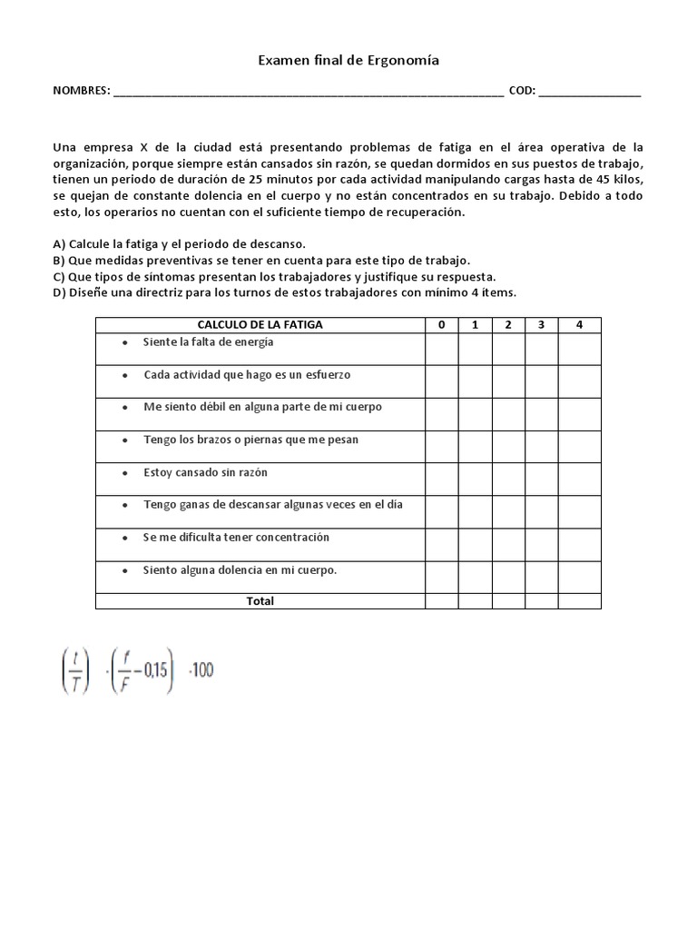 Examen Final Ergonomia | PDF | Factores humanos y ergonomía | Enfermedades y trastornos